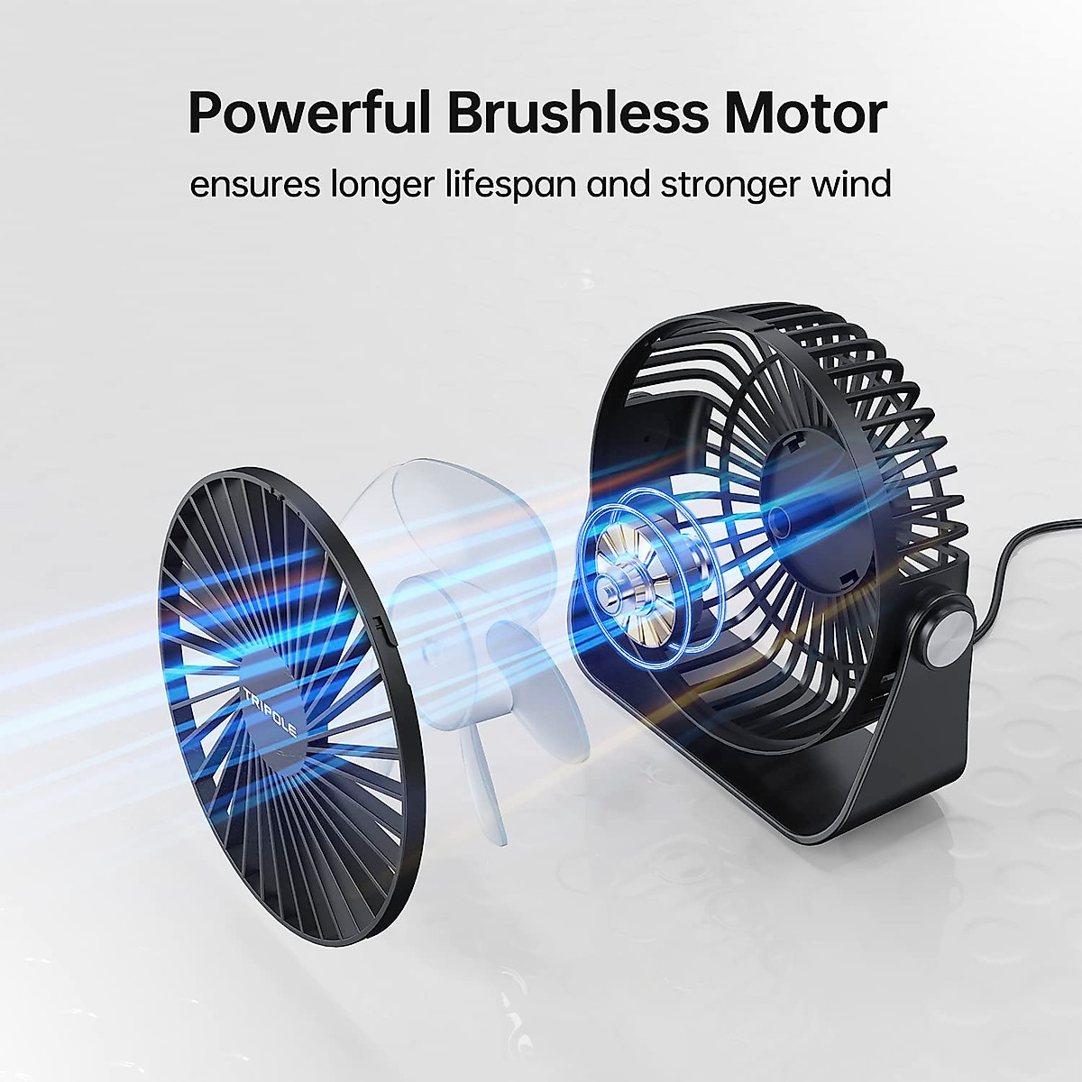 TriPole USB Desk Fan Mini Portable Fan with Strong Airflow Small Table Fan 3 speeds 360°Rotatable Personal Fan for Desktop Home Office Bedroom Camping Outdoor,5.1Inch,4.9ft cable