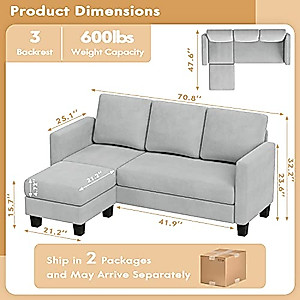 YESHOMY Convertible Sectional Small Sofa L-Shaped Couch Seat with Modern Linen Fabric, for Living Room, Apartment,Study and Office, 70", Light Gray