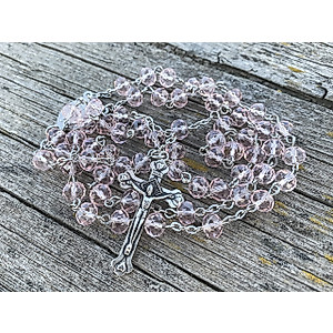 Nazareth Store Pink Pearl Beads Rosary Handmade Prayer Beaded Necklace with Miraculous Medal and Silver Cross