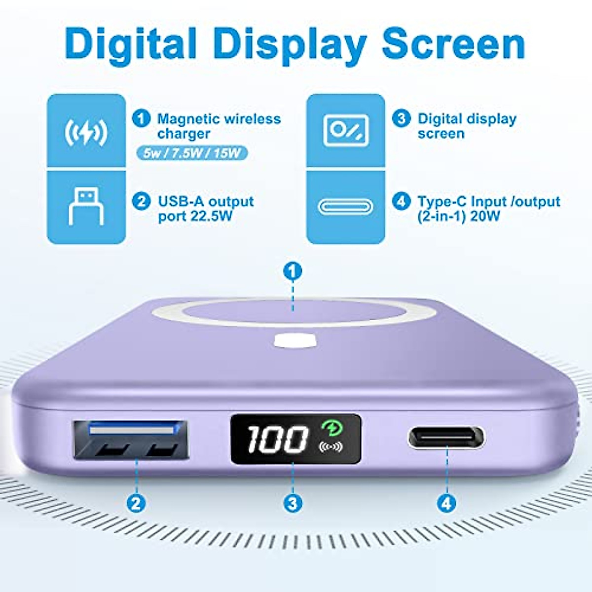 AOGUERBE Magnetic Wireless Portable Charger, 10000mAh Wireless Power Bank PD 22.5W Fast Charging with USB-C LED Display Mag-Safe Battery Pack Compatible for iPhone 14/13/12 Pro/Mini/Pro Max（Purple