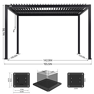 PATISOL Louvered Pergola 10'x13' Full Aluminum Patio Outdoor Pergola with Adjustable Roof Rainproof Sun Shade Easy Installation Pergola Hardtop Gazebo for Deck Garden Yard Beach (Dark Grey)