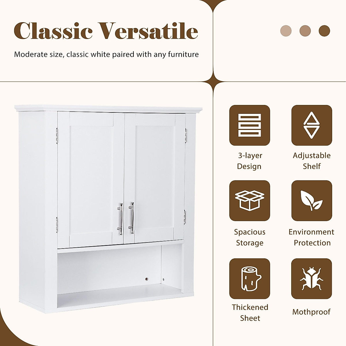 JupiterForce Bathroom Wall Cabinet Over The Toilet with 2 Doors and 3 Adjustable Shelves, Wall Mounted Medicine Cabinet for Bathroom, Living Room, Kitchen, White