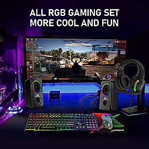 5 in 1 Wired Gaming Keyboard Mouse Headphone and Speaker Combo with Multi RGB Backlight Ergonomic 104 Key Adjustable Mic 2400DPI Mice Large Mousepad Waterproof for PC Mac Gamer Office Typist(Black)