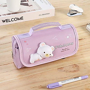 Tergopa Cute Pencil Case Large Pencil Pouch with Handle and Stress Relief Doll for Girls Kids Portable Big Kawaii Pencil Case Organizer for School Purple