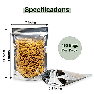 WaldOaks - 100 Pcs Resealable Mylar Bags - 7x10 inch - Ziplock and Heat Sealable Bags - Stand Up Gusseted Food Storage Pouches - Safe Waterproof Packaging Barrier
