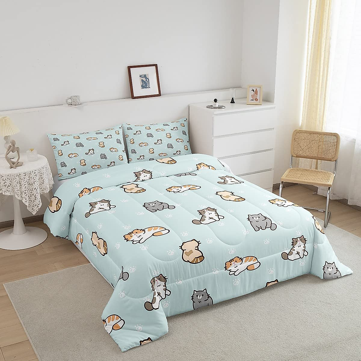 Cartoon Cat Comforter Set for Girls Kids Kawaii Cats Print Comforter Cute Kitten Animal Room Decorative Bedding Set Cat Lover's Gift Green Duvet Set Twin Size 2Pcs Quilt Set