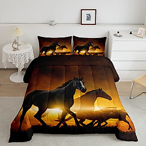 Feelyou Horse Comforter Set Twin Size Western Cowboy Comforter Horse Running in The Sunset Bedding Set Soft All Season Farm Animal Quilted Duvet Set for Kids Boys Teens Machine Washable