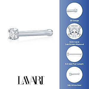 Lavari Jewelers 20 Gauge 0.02 Carat Lab Grown Diamond Straight Bone Nose Ring in 14k White Gold (D-E, I2-I3, cttw) 1.7 mm