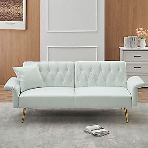 Elevon Futon Couch, Convertible Futon Sofa Bed, Faux Leather Folding Recliner Sleeper, Modern Lounge Sofa with Adjustable Armrests and Pillow for Living Room, Small Space, Office, Apartment, White