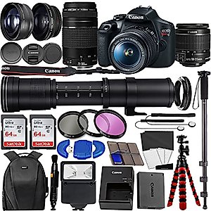 Canon EOS Rebel T7 DSLR Camera with 18-55mm is II Lens Bundle + Canon EF 75-300mm f/4-5.6 III Lens + 420-800mm HD SuperZoom Lens + 128GB Memory + Filters + Flash + Monopod + Professional Bundle Black