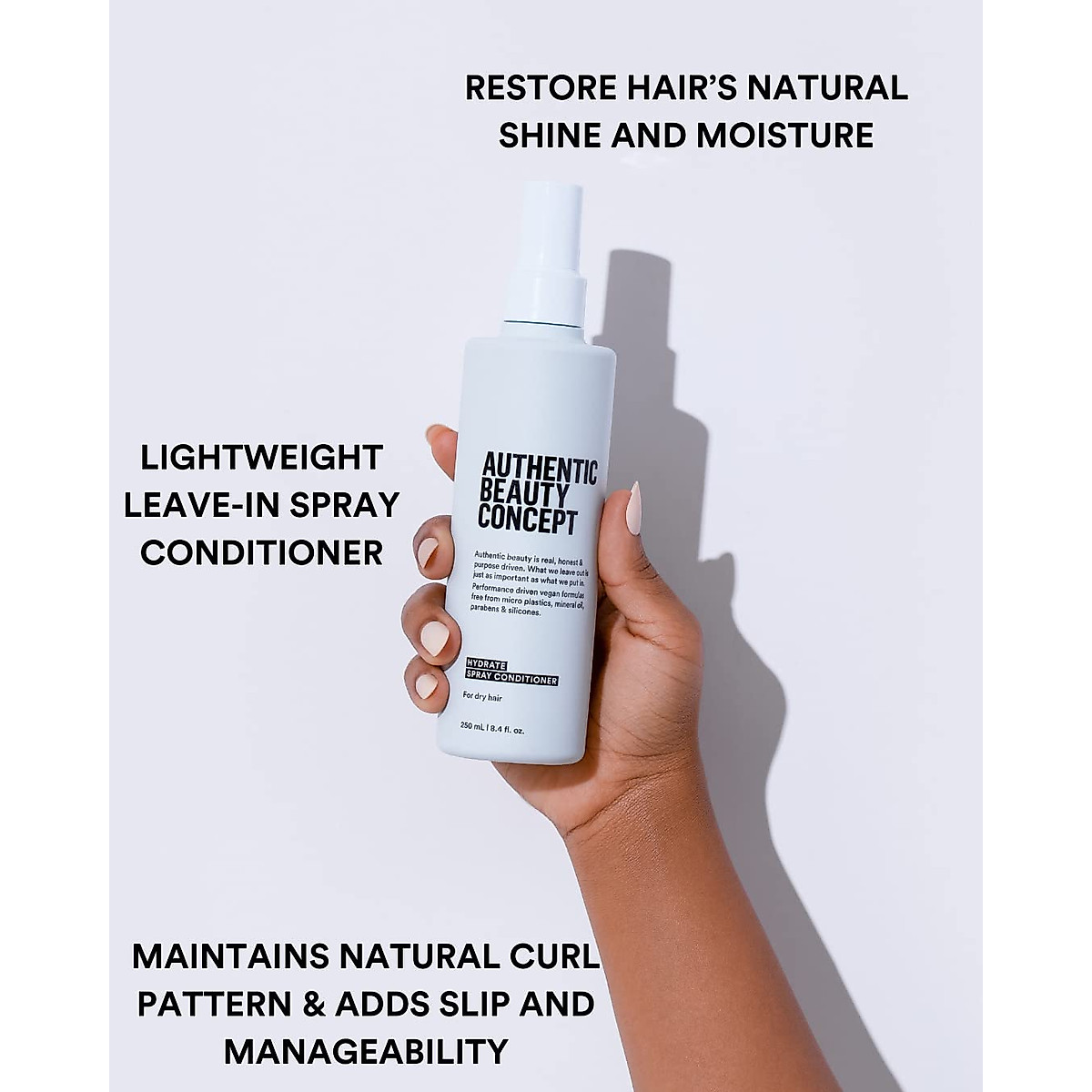 Authentic Beauty Concept Hydrate Spray Conditioner | Lightweight Leave-In Spray | Adds Moisture & Manageability | Normal To Dry or Curly Hair | Vegan & Cruelty-free | Silicone-free | 8.4 fl. oz.