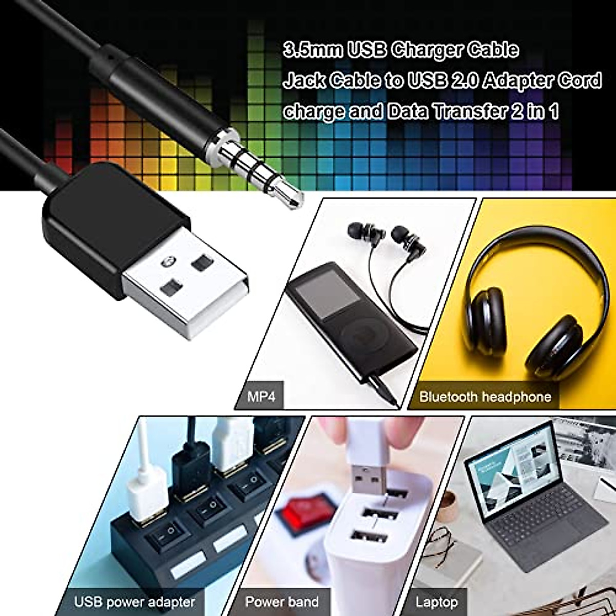 Coomoors USB to 3.5mm Jack Audio Adapter 2 Pack, Male AUX Audio Jack to USB 2.0 Male Charge Cable Adapter Cord for iPod Shuffle MP3 Player Headphones Speakers and Other Devices(3.3FT)