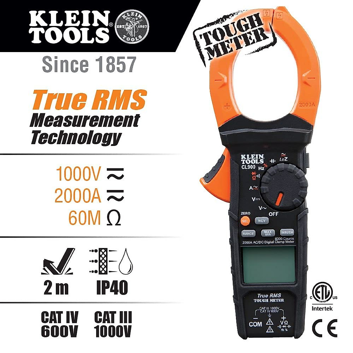 Klein Tools CL900 Digital Clamp Meter, Autoranging TRMS, AC/DC Voltage/Current, 2000A, LoZ , Continuity, Frequency, NCVT, Temp, More, 1000V