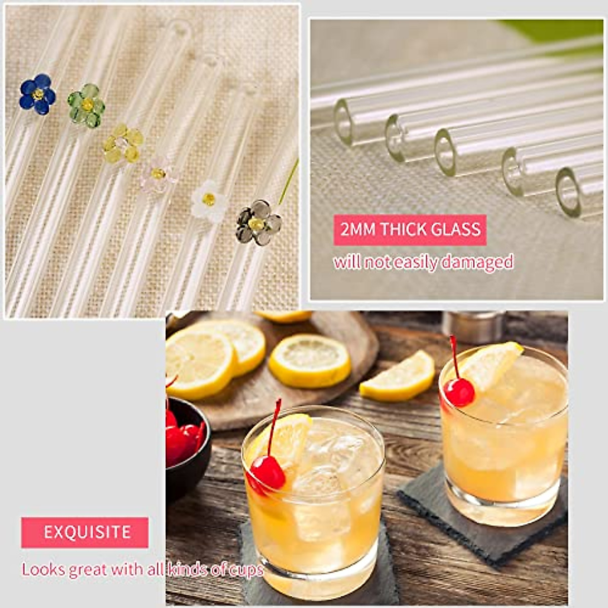6-Pack Reusable Glass Straws with Flowers,Glass Straws Shatter Resistant,8''x8 MM,6 Bent with 2 Cleaning Brushes - Perfect for Smoothies, Milkshakes, Tea, Juice - Dishwasher Safe
