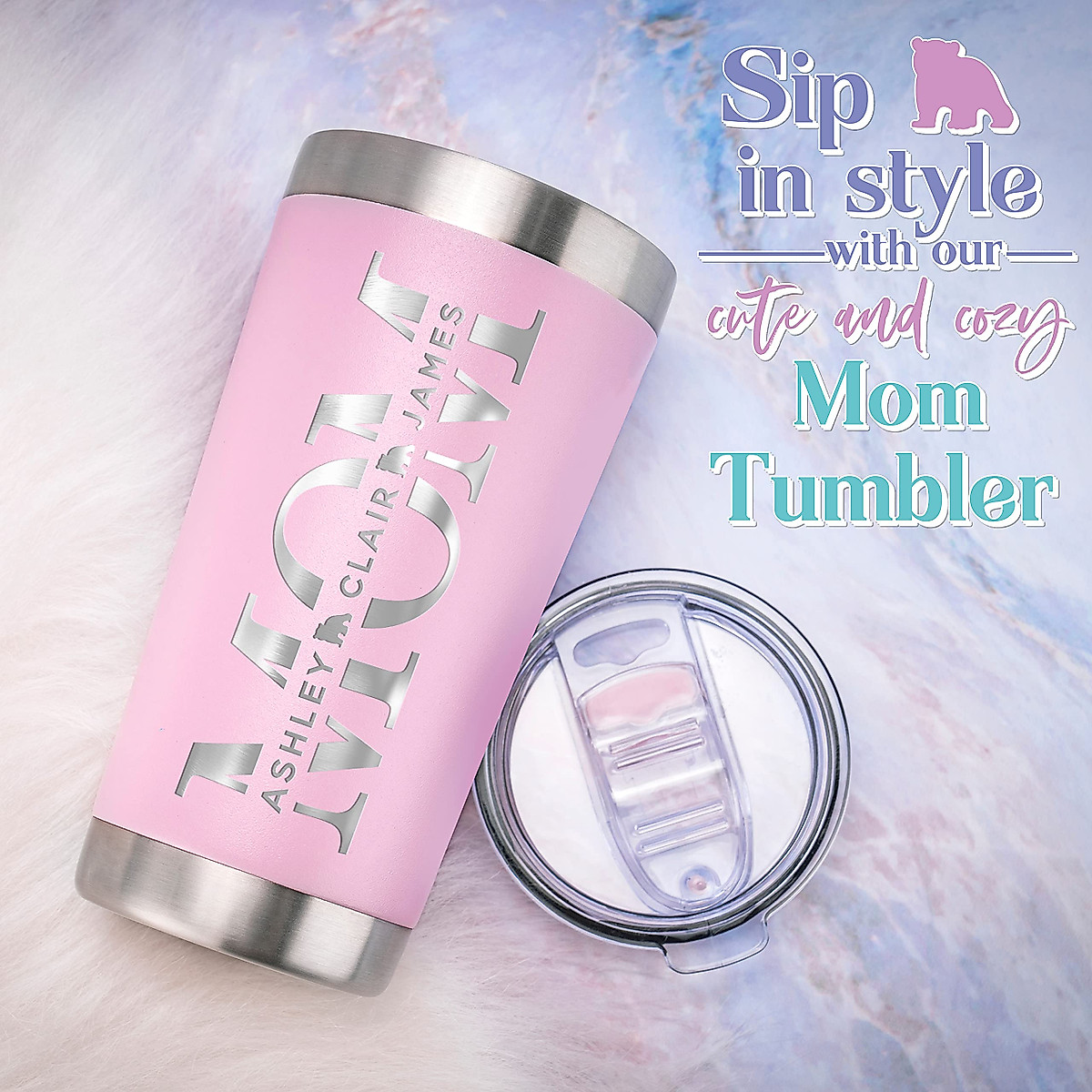Personalized Mom Tumbler with Kids Names, Engraved, 20 or 30 Oz, 4 Fonts, 13 Colors, Custom Gifts for Mom from Kids, Mom's Coffee Tumbler