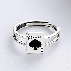 Poker Spade Ace Sterling Silver 925 Open Statement Rings for Women Girls Men Adjustable Vintage Black Spades Signet Ring Finger Band Fashion Jewelry Gifts Birthday BFF