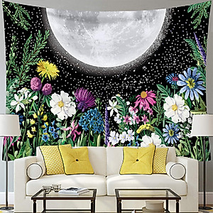 mchatte Moonlit Garden Tapestry Moon Tapestry for Bedroom Full Moon Surrounded By Plants and Flowers Black Room Decor Aesthetic Floral Moon Wall Tapestry for Teenager's Home Decor (82.7x59 Inches)
