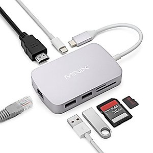 MINIX 7 in 1 USB-C Multiport Adapter with GLAN,4K @ 60Hz,2X USB 3.0, USB-C for Power Delivery, Micro SD and SD Card Readers, Compatible with macOS, iPadOS and Windows 10 OS. (Space Gray)