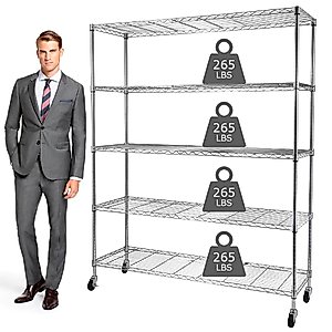 Metal Storage Shelves with Wheels, NSF Shelving Unit 60 X 18 X 72, 1325 Lbs Capacity, 5 Tier Heavy Duty Wire Shelving Rack, Commercial Metal Shelves for Storage, Garage, Pantry, Kitchen, Chrome