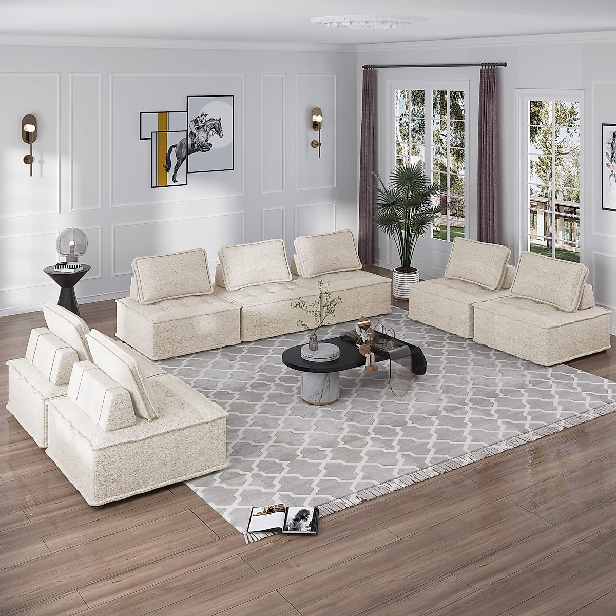 Mixoy Convertible U/L Modular Sectional Sofa, Variable 7-Seater Sofa Couch with Soft Oversized Seat, Free Combination Armless Sectional Sofa for Living Room, Bedroom (Beige, 7PCS)