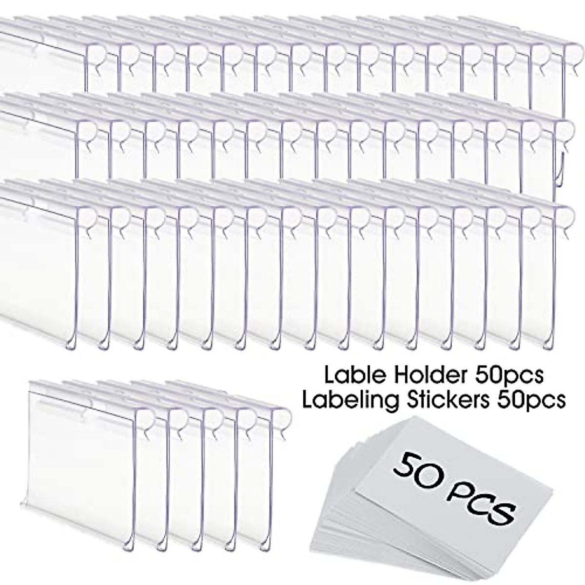 50pcs Labels for Storage Bins Plastic Label Clip, Basket Labels Clip On Wire Shelf Price Label Holder Merchandise Sign Display Holder, 50pcs Label Insert Included (2.36IN*1.57IN)