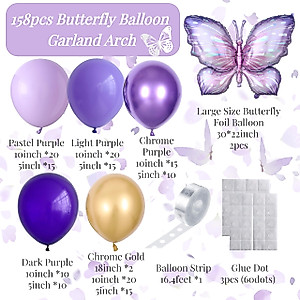 Enanal Purple Butterfly Balloon Garland Arch Kit, 158pcs Purple Chrome Gold Balloons with Butterfly Foil Balloons for Girl Birthday Baby Shower Party Supplies Bridal Shower Wedding Decoration (Purple)