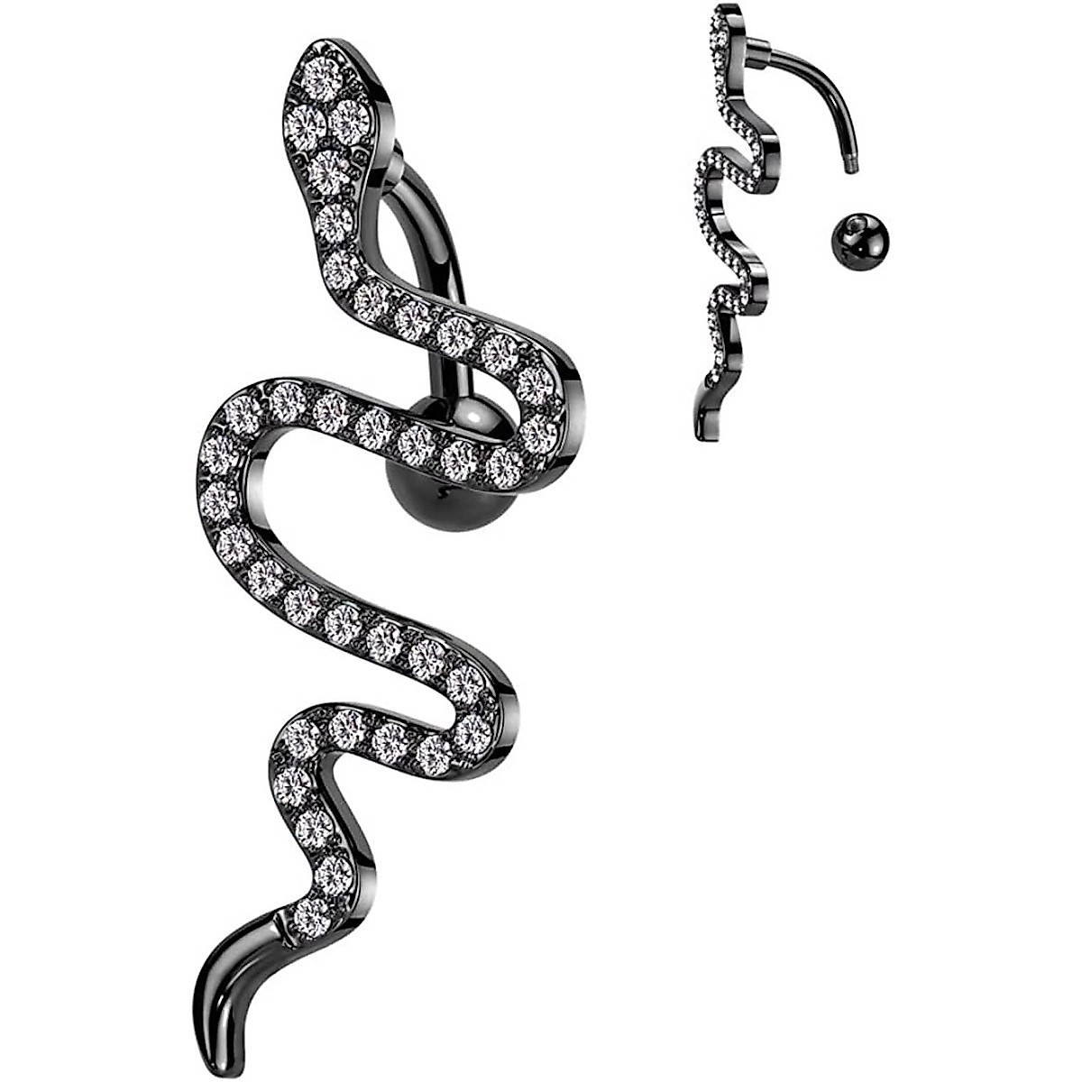 316L Surgical Steel Top Drop CZ Pave Snake Belly Button Ring (Black)