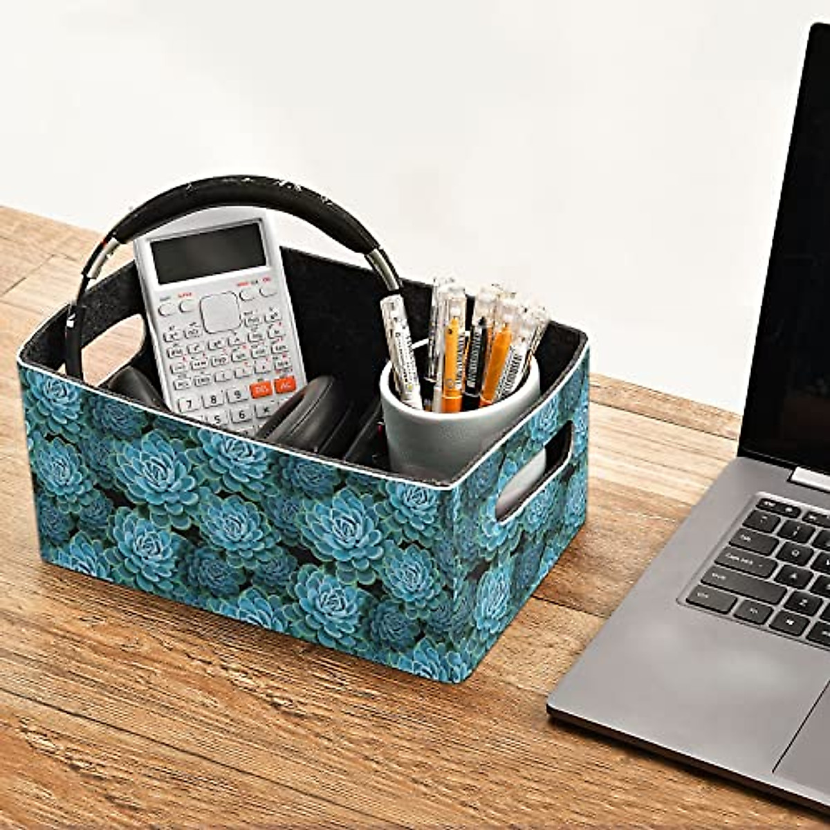 Succulents Storage Basket Felt Storage Bin Collapsible Storage Box Cloth Baskets Containers Organizer for Kids Bedroom Magazine