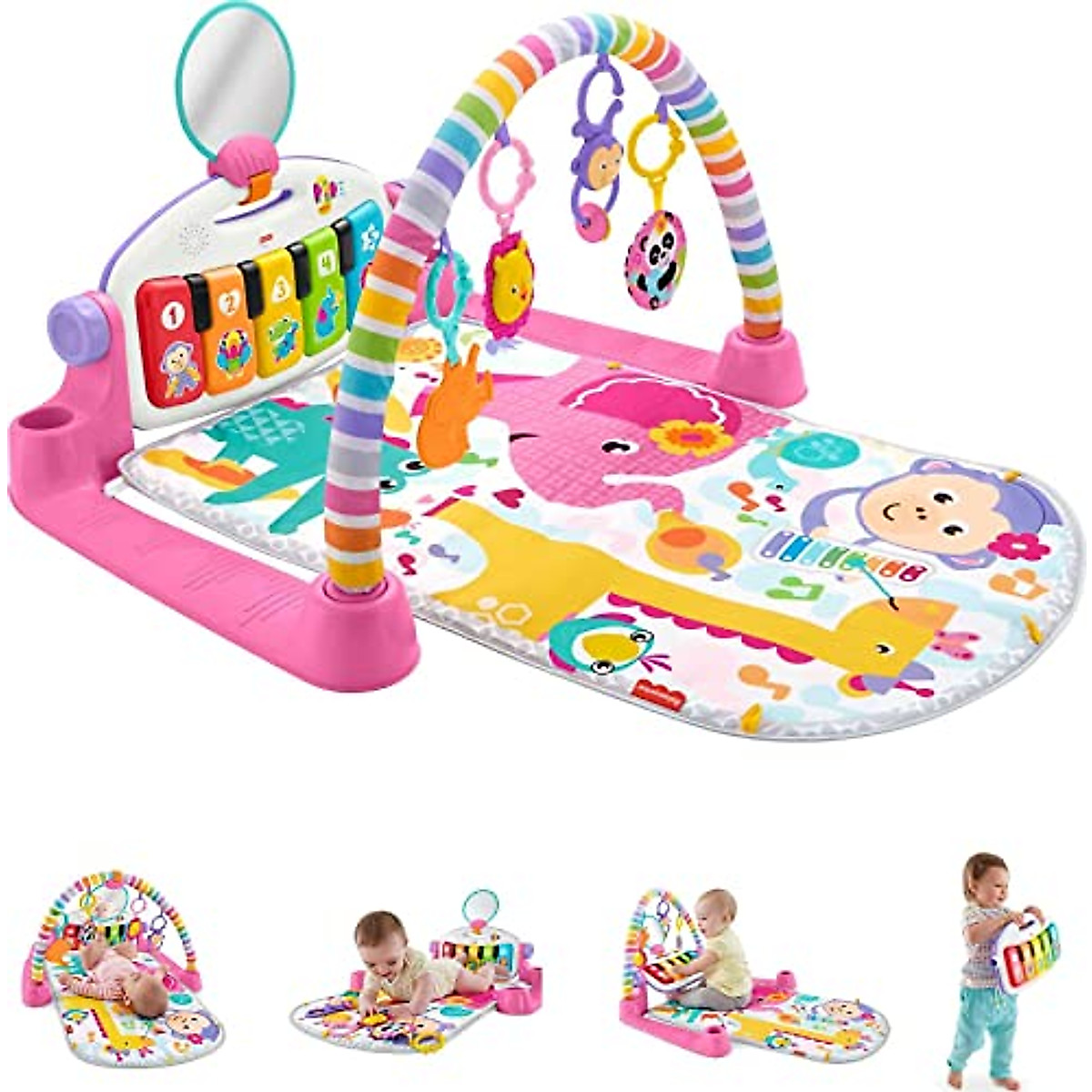 Fisher-Price Baby Playmat Deluxe Kick & Play Piano Gym With Musical -Toy Lights & Smart Stages Learning Content For Newborn To Toddler, Pink and Fisher-Price Baby Sit-Me-Up Floor Seat – Rainbow Showers