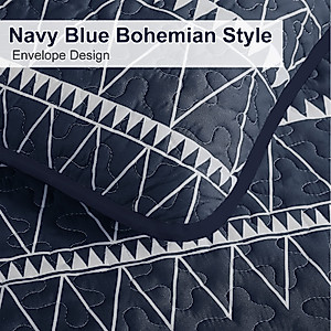 WONGS BEDDING Navy Blue Quilt King Size, Boho Striped Triangle Bedding Bedspread Coverlet Set, Microfiber Lightweight Bohemian Quilt Set for All Season 3 Pieces 90x104 in