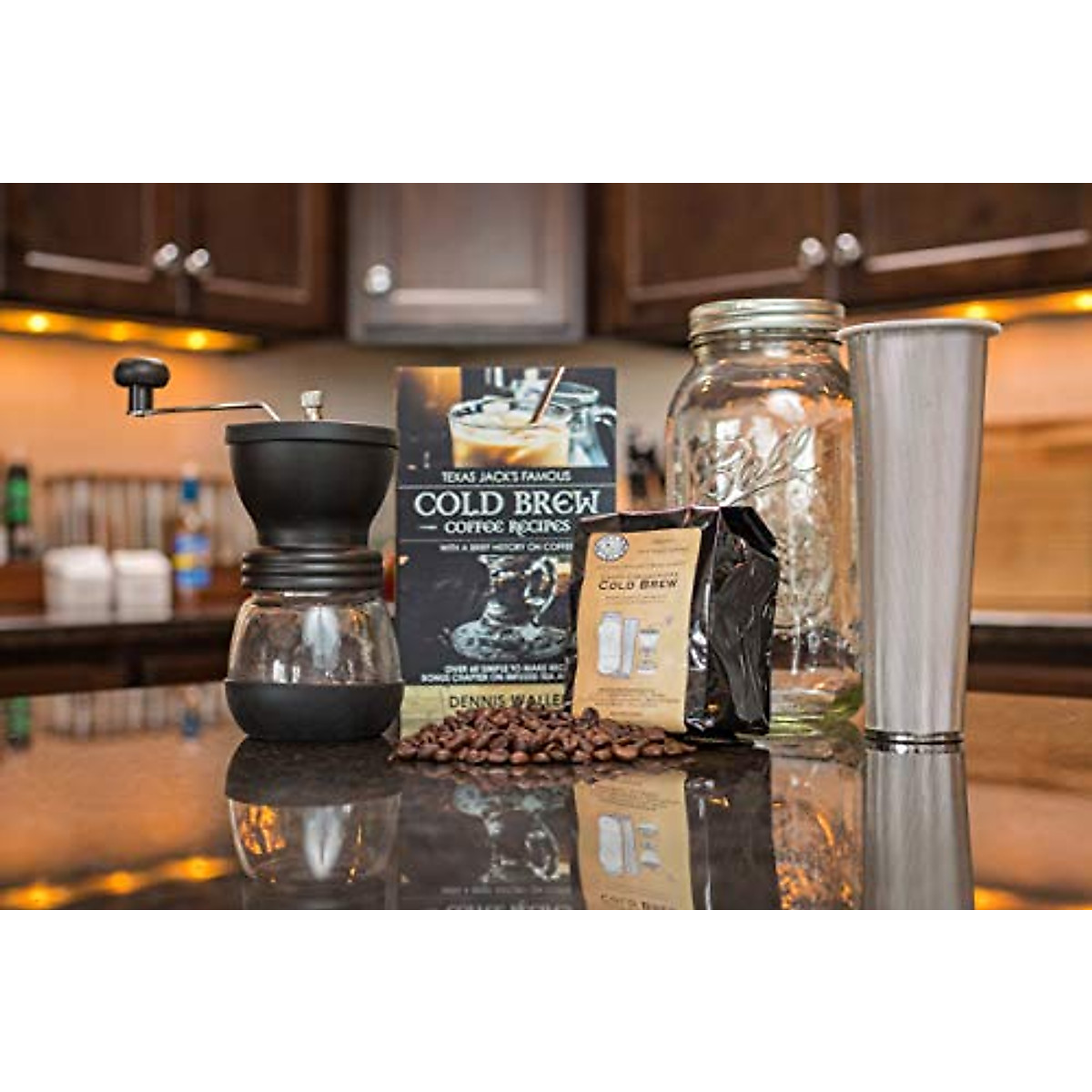 Cold Brew Coffee Maker Starter Kit - Half Gal Mason Jar | Stainless Filter Basket | Ceramic Burr Grinder | Half Pound Certified Organic Whole Bean Cold Brew Blend | Recipe & Instruction Book