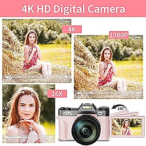 Digital Cameras for Photography, 4K 56MP Vlogging Camera for YouTube with WiFi, Manual Focus, 16X Digital Zoom, 52mm Wide Angle Lens & Macro Lens, 32GB TF Card and 2 Batteries(Pink)