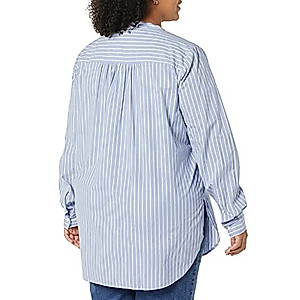 Amazon Essentials Women's Long Sleeve Tunic Poplin Shirt, Blue/White, Stripe, Small