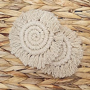 Mokoboho Mini Macrame 100% Cotton Car Coasters Handmade in India - Set of 2 Elegant and Absorbent 3-inch Round Woven Boho Coaster Set with Fringe Tassels for Cup Holders (Café au Lait)
