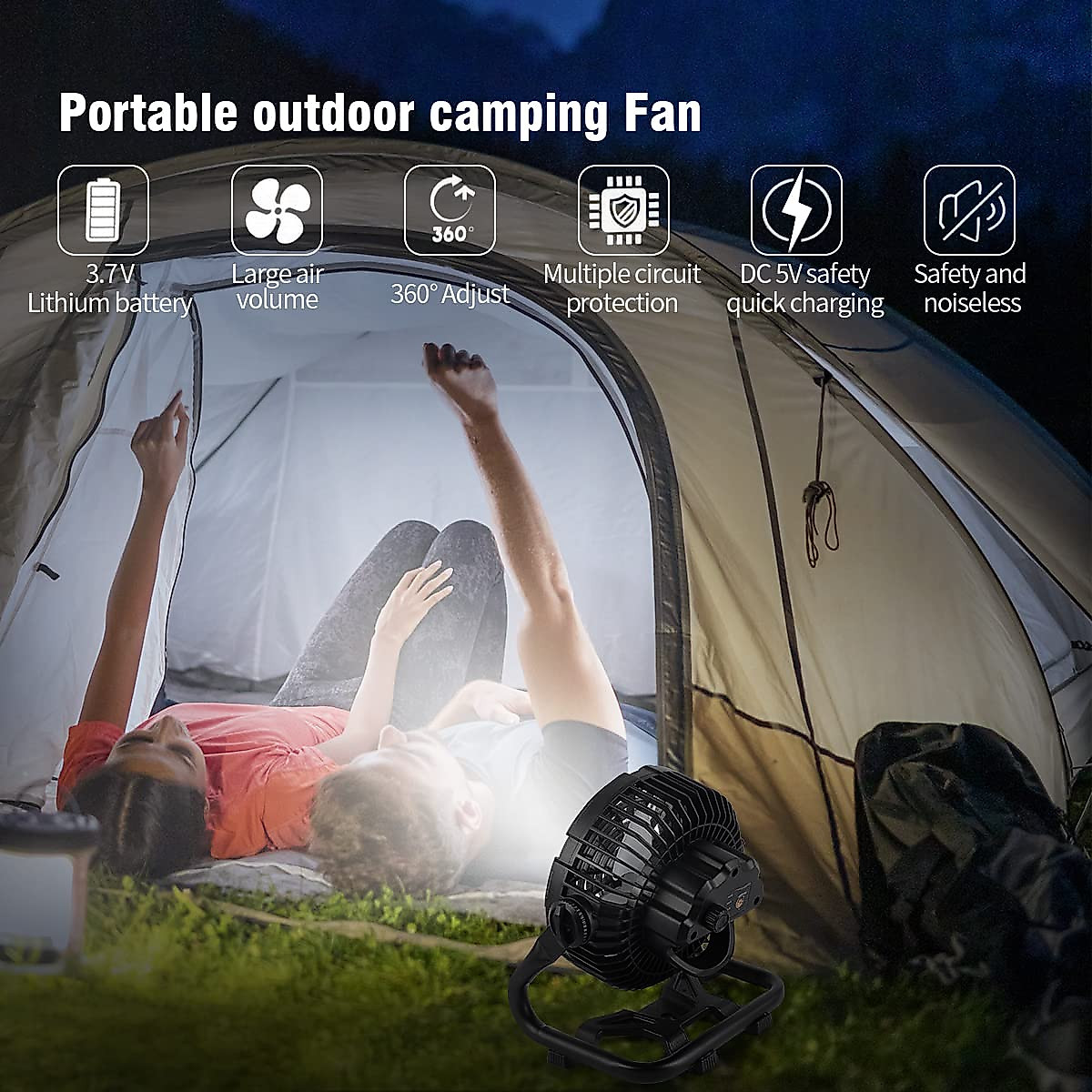 sunvito Outdoor Floor Fan with Light, 8 Inch Portable Battery Operated High Velocity Industrial Fan with hook, Rechargeable Floor Fan for Garage, Camping, Gym, Indoor (fan00001)