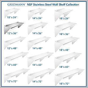 GRIDMANN 12" x 36" Stainless Steel Wall Mount Shelf with Backsplash, 16 Gauge, Commercial Grade - NSF Certified - Shelving for Restaurant, Kitchen, Utility Room, Garage