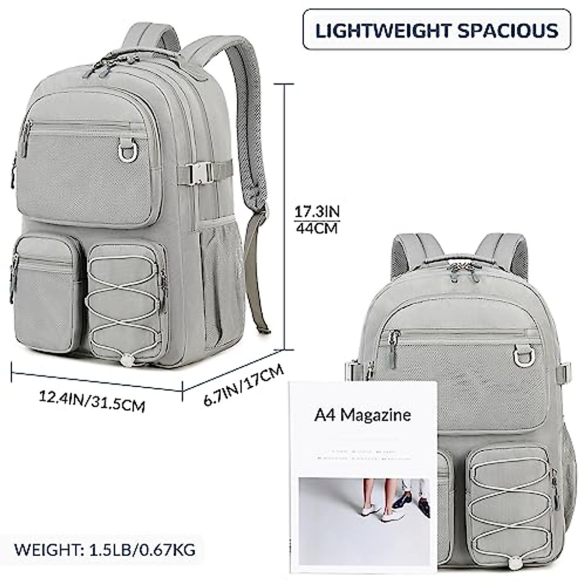 Lohol Water Resistant Daypack with Mulitiple Pockets for Travel Outdoor College, 15.6 inch Laptop Backpack for Men and Women (Grey