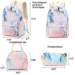 BTOOP Girls School Backpack Marble Schoolbag Laptop Bookbag Insulated Lunch Tote Bag Purse Teens Boys Kids (Marble 31-pink)