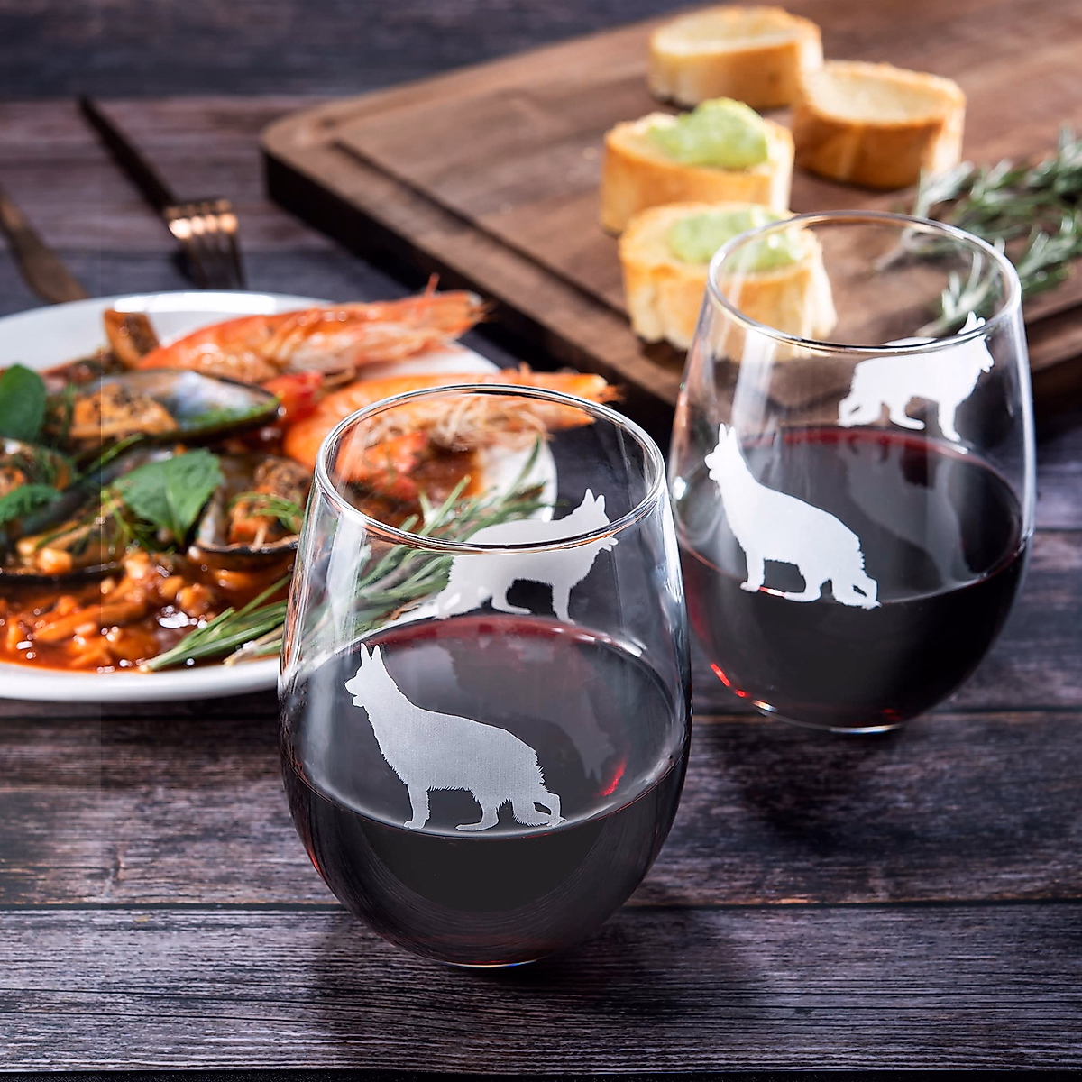 The Wine Savant Set of 2 Dog Stemless German Shepherd Wine Glasses Puppy & Doggy Lover for Him and Her Dogs Silhouette - Glass Gifts Etched Tumblers for Anniversary, Wedding, Home Bar Gifts