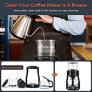 Tredy 2-Cup Coffee Maker, One Touch Automatic Drip Coffee Machine with Removable Water Reservoir, Glass Carafe, Automatic Shut Off & Warm Plate for Home Office(480ML/16OZ)