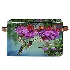 xigua Fuchsia Flowers Hummingbird Foldable Storage Bin, Collapsible Sturdy Fabric Storage Basket Cube W/Handles, Storage Box for Organizing Toys Nursery Shelf Closet Bedroom Office 1PCS