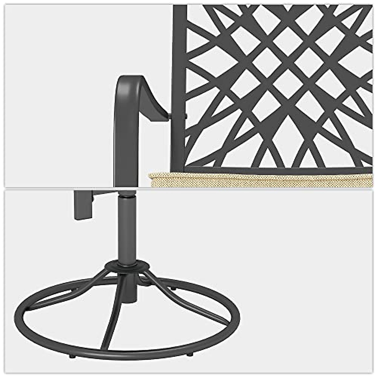 NSdirect Outdoor Swivel Chairs Set of 2, Patio Dninning Chairs with Cushion, Black Metal Bistro Arm, Rocking Chairs for Garden Backyard Lawn, Black and Khaki