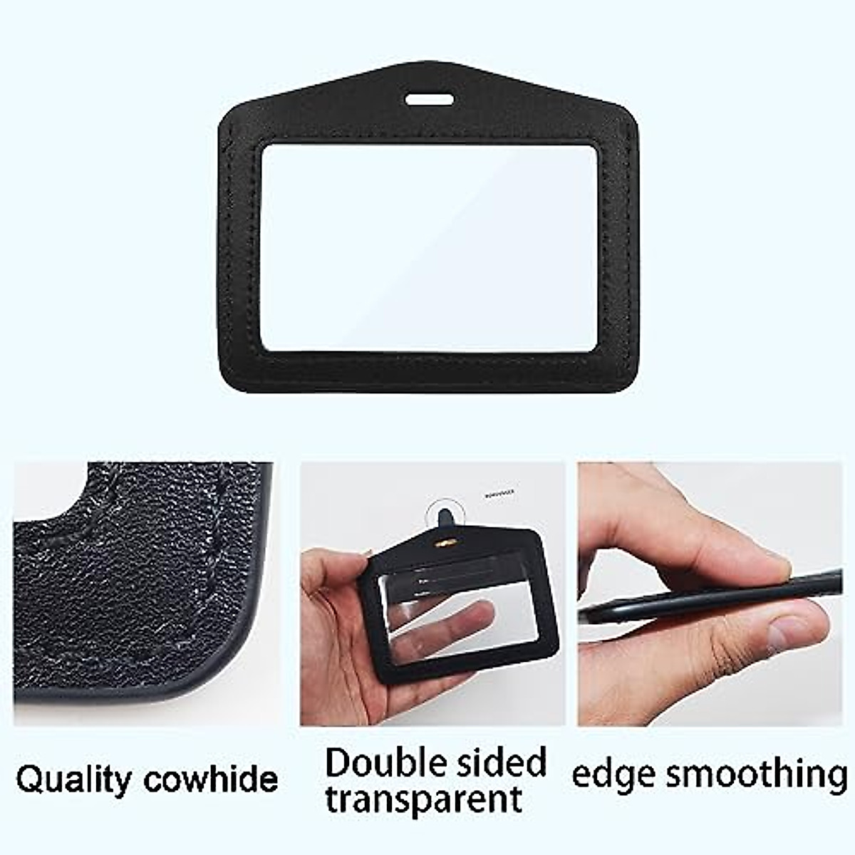 BOKOVNGEE 2pack badge holder with nylon lanyard and key ring, Horizontal cowhide ID badge holder with Double sided transparent window for Office worker，Teachers，Students, Workers，Medical staff