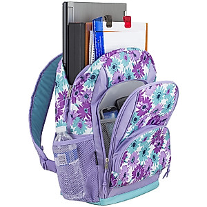 Eastsport Multi Pocket Backpack, 18” Triple Compartment Book Bag w/Adjustable Padded Straps - Purple Flowers