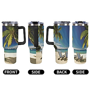 YTLKGFP 40 Oz Large Capacity Car Cup Beach Palm Tree Tumbler with Handle (Black) Straw Lid Insulated Stainless Steel Water Bottle Travel Mug Leak-proof Car Cup Keeps Cold Or Hot