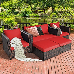 Tangkula 5 Pieces Patio Furniture Set, Outdoor Rattan Sofa Set w/Removable Cushions, Wicker Loveseat w/Single Sofa and Ottoman, Sectional Sofa Conversation Set for Backyard, Garden, Poolside (Red)