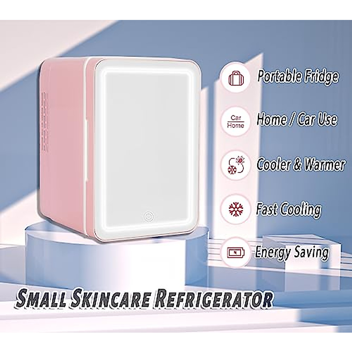 VNIMTI Mini Skincare Fridge 4 Liter/6 Cans, Portable Cosmetic Fridges with Makeup Mirror, Cooler & Warmer, AC & DC, Small Refrigerator for Bedroom, Car, Office, Outdoor (Pink - 4L)