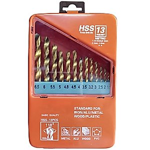 KEWAYO 13-Piece HSS Twist Drill Bit Set - Titanium Nitride Coated High Speed Steel, 1.5 to 6.5mm, Jobber Length for Metal, Cast Iron, Wood, Plastic - Complete with Metal Storage Case