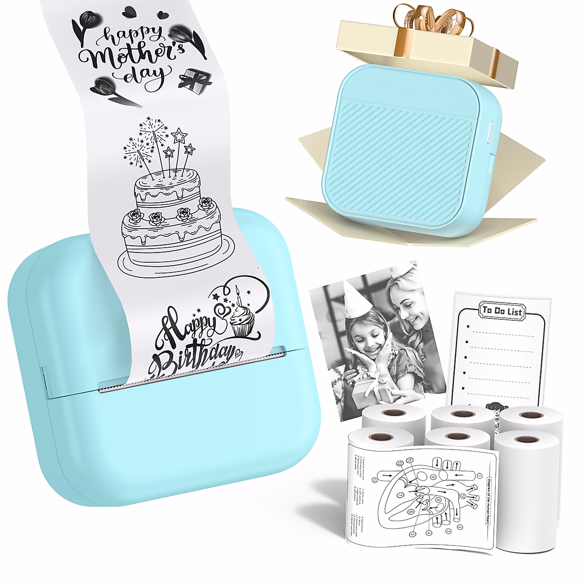 Mandizza Sticker Printer- M02L Pocket Printer with 6 Rolls Paper Thermal Mini Printer Portable Printer for Printing Photos, Study Notes, Scrapbook, Journal, Birthday, Green