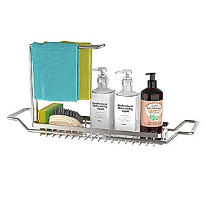 Mindore Sink Caddy, Telescopic Sink Storage Rack, Stainless Steel Sponge Holder for Kitchen Sink, Over Sink Sponge Holder with Dishcloth Towel Holder, Adjustable Sink Rack for Soap, Scrubber Brush